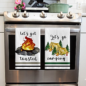 Camping Kitchen Towels Set of 4 Dish Towels Kitchen Hand Towels Kit Printed with Funny Sayings Novelty Gifts for Campers Happy Camper Camping Tent Pine Tree Farmhouse RV Decor Sign Home Decorations