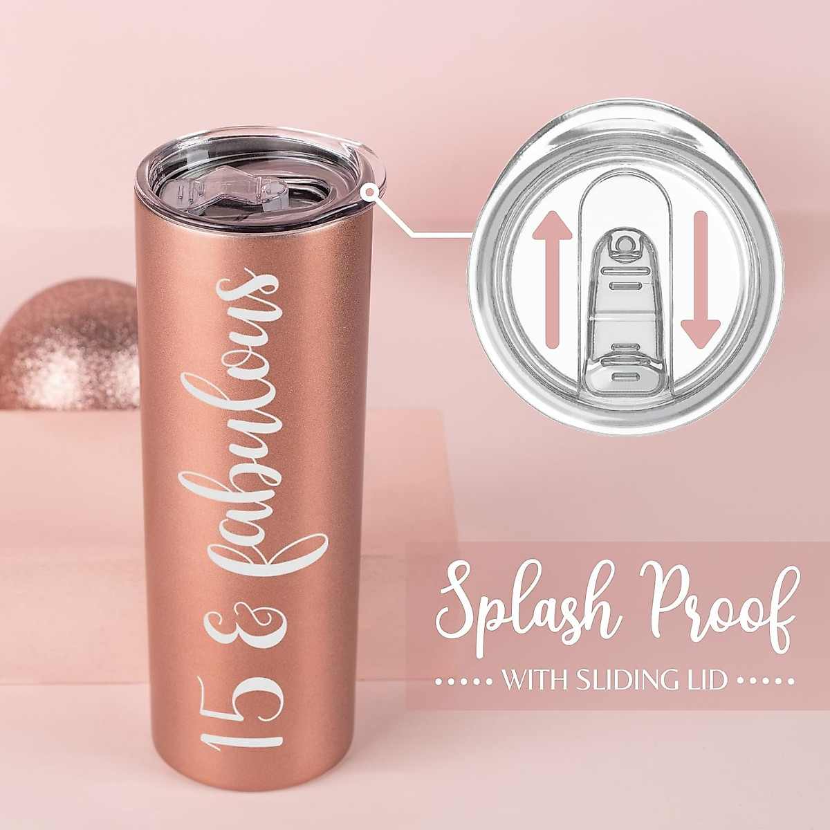Onebttl Quinceanera Gifts, 15 Year Old Girl Gifts for Birthday, 15th Birthday Gifts for Girls, Female, Her - 20oz/590ml Stainless Steel Insulated Tumbler with Straw, Lid - 15 & Fabulous Rosegold