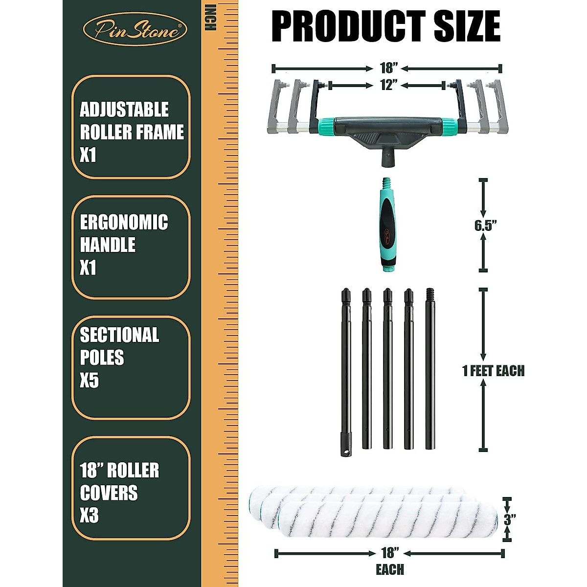 10pcs PinStone Large Paint Roller Kit, 12"-18" Adjustable Roller Frame, 1-5 Ft Steel Extension Pole, Ergonomic Handle, 3pcs 18" Nylon Roller Covers for Walls,Ceiling,Floor,Interior & Exterior Painting