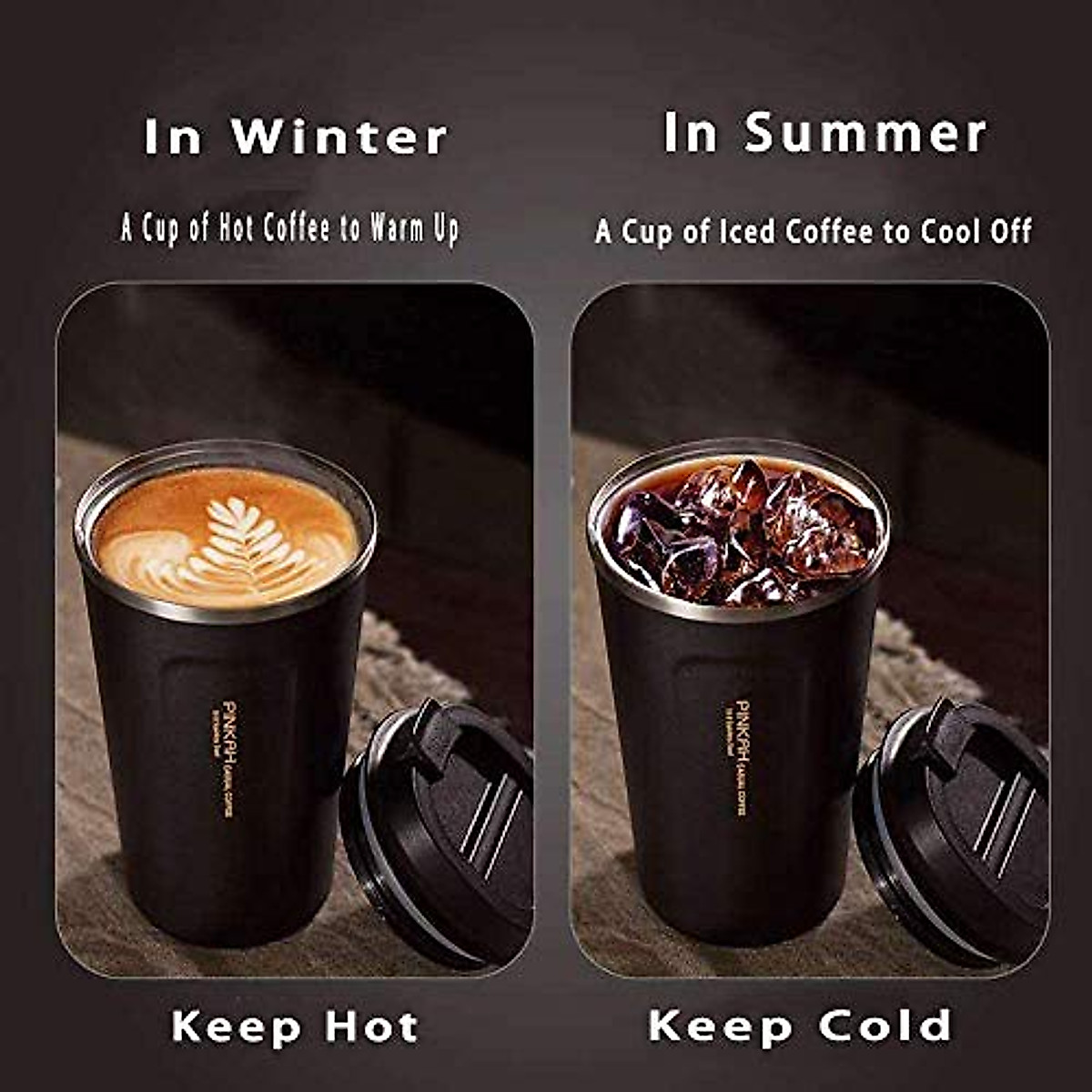 PINKAH 17OZ Stainless Steel Coffee Travel Mug, Double Walled Insulated Vacuum Tumbler Cup, Powder Coated Thermal with Lid for Hot and Cold Coffee Tea