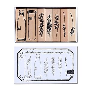 UCEC 7 Pieces Vintage Wooden Rubber Stamps, Plant and Flower Decorative Wooden Rubber Stamp Set, Wood Mounted Rubber Stamps for Card Making, DIY Crafts, Scrapbooking