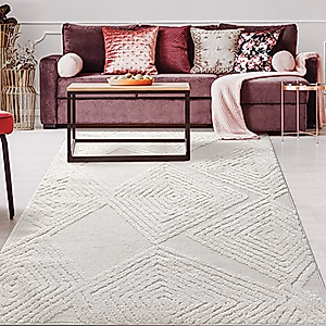 Antep Rugs Palafito 5x7 Geometric Shag Diamond High-Low Pile Textured Indoor Area Rug (White, 5'3" x 7'6")
