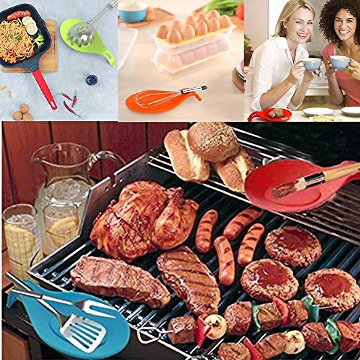 iNeibo Silicone Spoon Rest, Pack of 4-BPA Free Flexible Silicone Kitchen Utensil Rest Ladle Spoon Holder for Stove Top – for Cooking Spatula, Ladle, Brush, Risotto