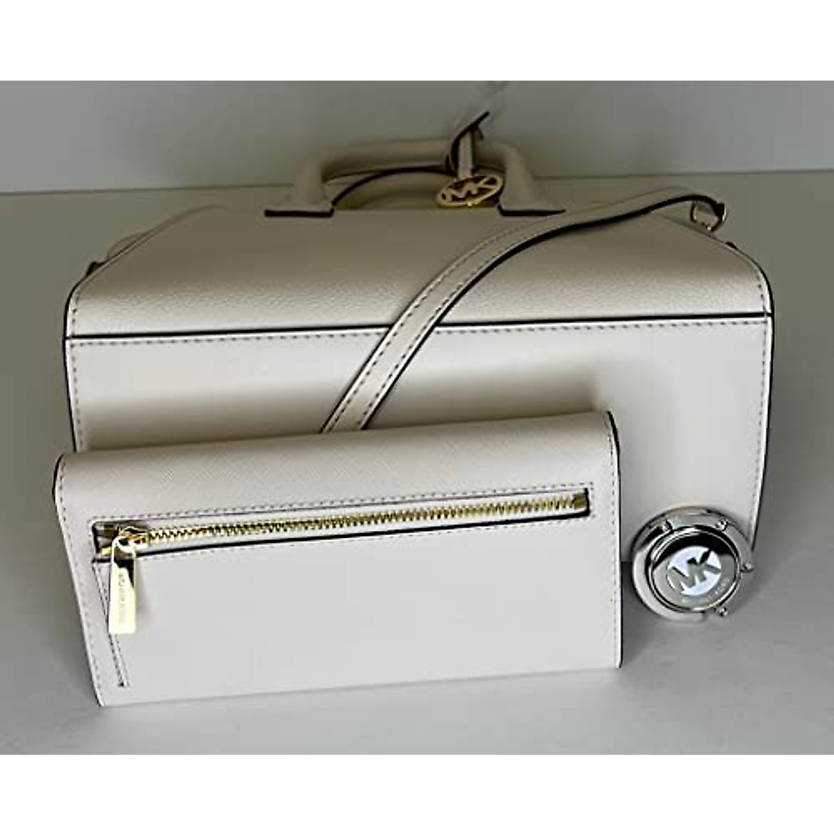 Michael Kors MICHAEL Michael Kors Avril Small Logo Top-Zip Satchel bundled with Trifold Wallet Purse Hook (Lt Cream)