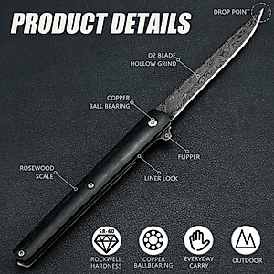 Carimee Slim Pocket Knife, Damascus Pattern D2 Stainless Steel Blade, Wood Handle, with Leather Sheath, 2024 Gifts for Men and Women