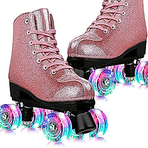 YYW Roller Skate for Women Men Light up Wheel - Double Roller Skater High-top PU Leather Roller Skate Shoes Adjustable PU Roller Skates with Four Piles for Adult Girls Beginners Pink