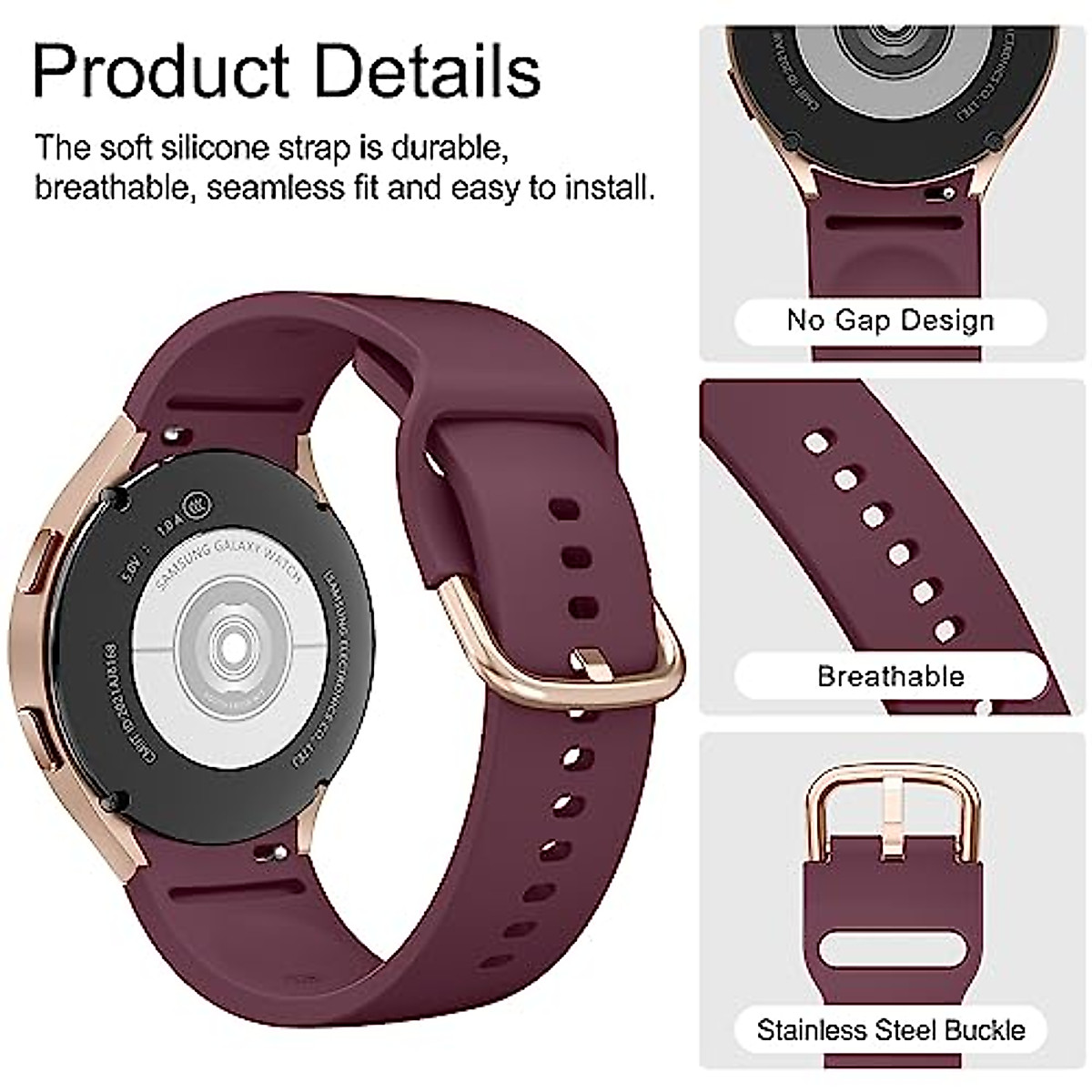 Vancle Bands Compatible with Samsung Galaxy Watch 4 / Galaxy Watch 5 Band 40mm 44mm, Galaxy Watch 4 Classic Bands 42mm 46mm, Galaxy Watch 5 Pro 45mm, 20mm Soft Silicone Sport Strap for Women Men (Wine