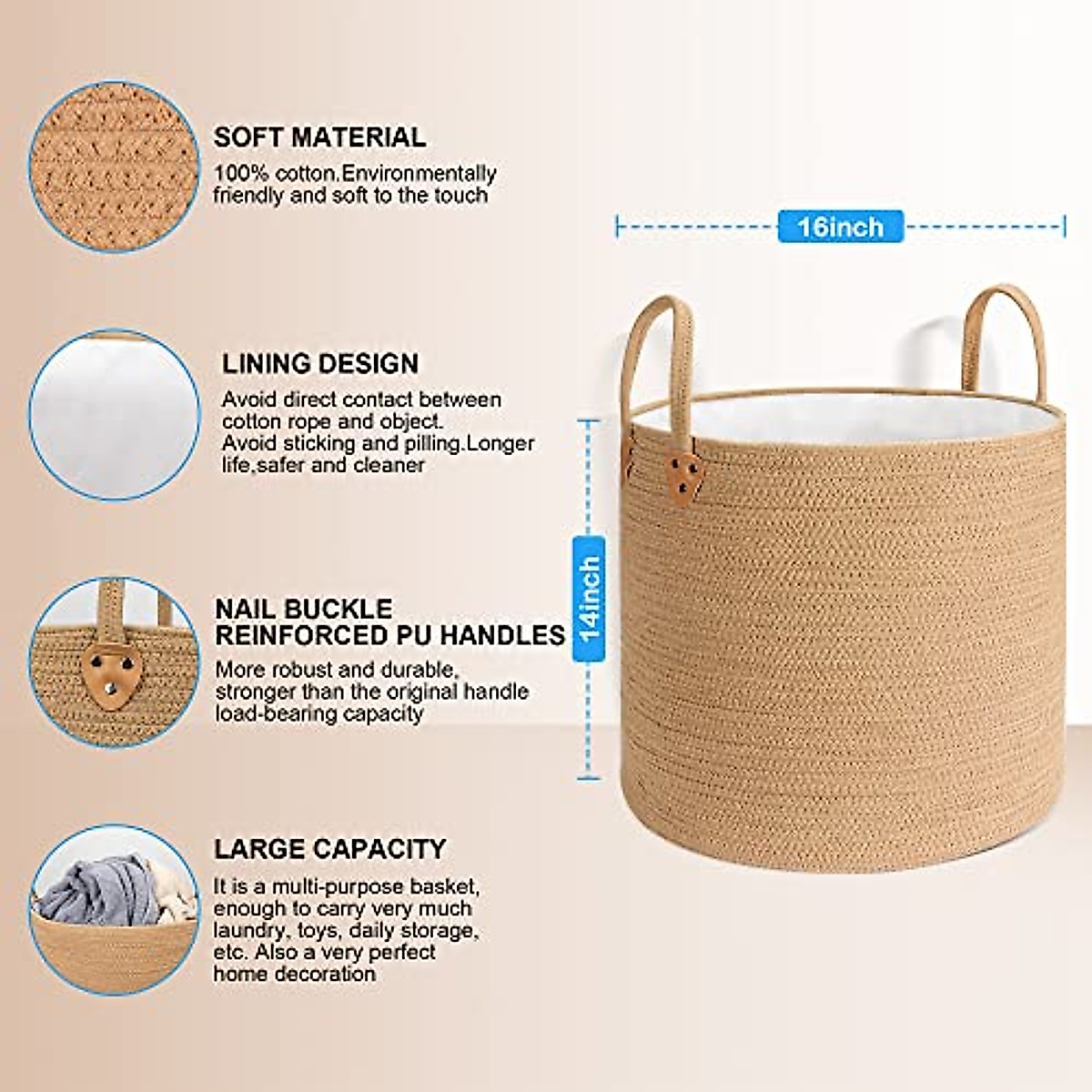 Homlikelan 46L Cotton Rope Woven Storage Basket,Blanket Basket with Handles Wicker Laundry Basket for Clothes,Toys,Pillows,Towels,Shoes,Plant Hampers for Bedroom,Living Room,Bathroom,Nursery Brown