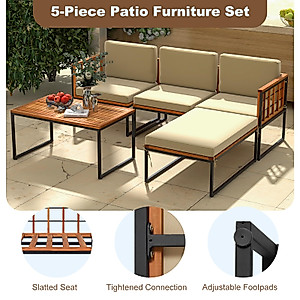Tangkula 5 Piece Patio Furniture Set, Acacia Wood Sectional Set with Heavy-Duty Metal Frame, Comfy Seat & Back Cushions, Outdoor Wood Conversation Chair Set for Poolside, Porch, Backyard (Beige)