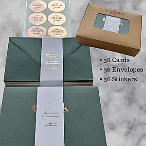 RUN2PRINT (36 Pack Thank You Cards With Envelopes & Stickers - Elegant Green Embossed Rose Gold Foil Pressed - Blank Notes Wedding, Bridal, Baby Shower, Business and Formal All Occasion Cards