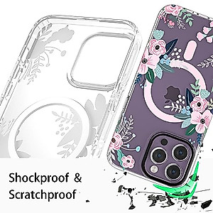 YeLoveHaw Designed for iPhone 14 Pro Max Magnetic Case for Women Girls, Rose Floral & Green Leaves Pattern [Compatible with MagSafe] Slim Hard Protective Clear Cover for iPhone 14ProMax (Pink Flower)
