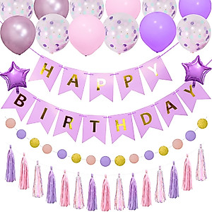 Purple Birthday Decorations for Women Girls,Pink and Purple Party Decorations set with Happy Birthday Banner,Circle Dots Garland,Foil Confetti Balloons and Tassel Garland.