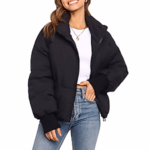 MEROKEETY Women's 2025 Winter Long Sleeve Zip Puffer Jacket Pockets Baggy Short Coats, Black, L