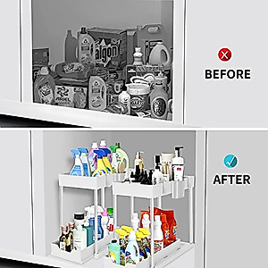 Royacon Under Sink Organizer, Sliding Under Bathroom Cabinet Storage Drawer Organizer with Hooks, Hanging Cup 1PACK