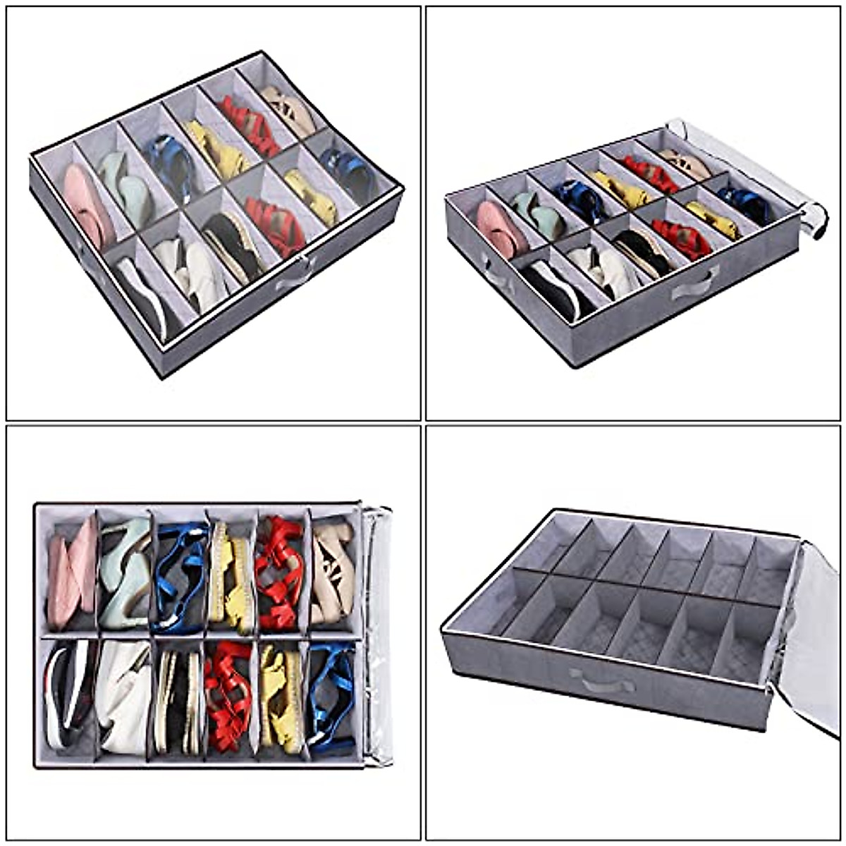 Under Bed Shoe Storage Organizer, Adjustable Dividers - Set of 2, Fits 24 Pairs Total - Underbed Storage Solution Gray