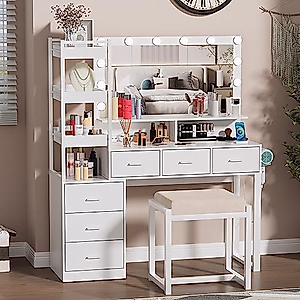 PAKASEPT Makeup Vanity Desk with Mirror and Lights, Vanity Desk with Charging Station, Drawers, Movable Shelves for Makeup, Modern Vanity Table Set with Vanity Stool for Bedroom, White