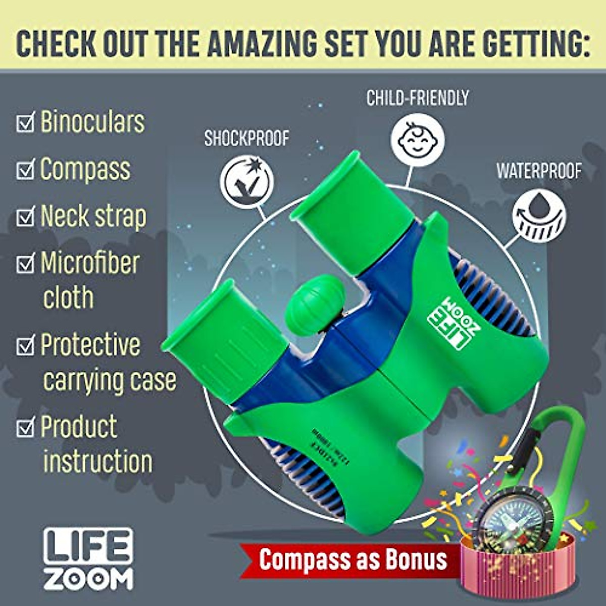 Kids Binoculars and Compass - 8x21 Compact Binoculars for Kids - High Resolution Real Optics - Bird Watching- Small Binoculars for Kids 5-12, Boys, Girls - Outdoor Play - Hunting - Camping