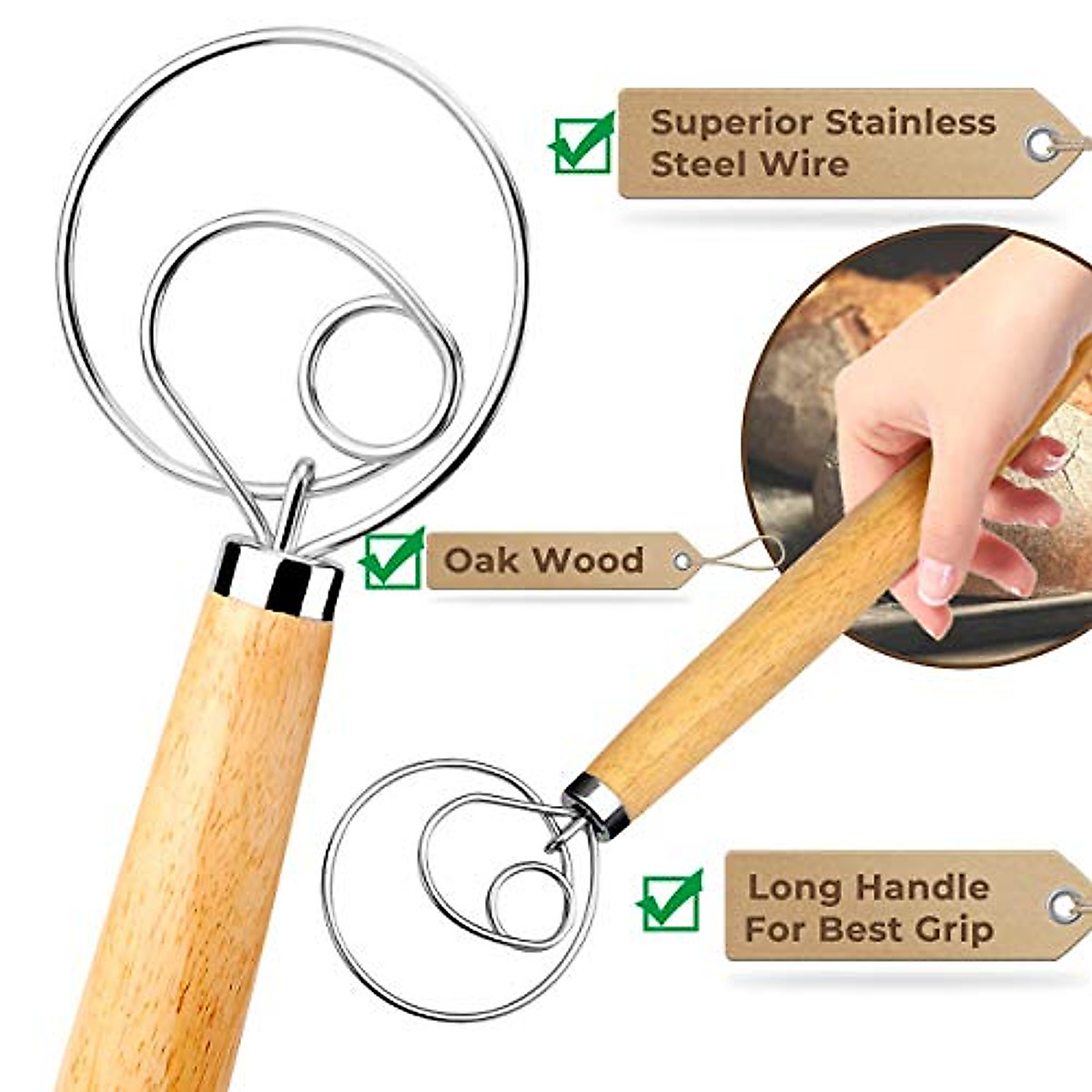 FUANRTK Danish Dough Whisk Bread Mixer，2 Pack Premium Stainless Steel Dutch Whisk With a Dough Scraper for Bread, Pastry or Pizza Dough - Perfect Baking