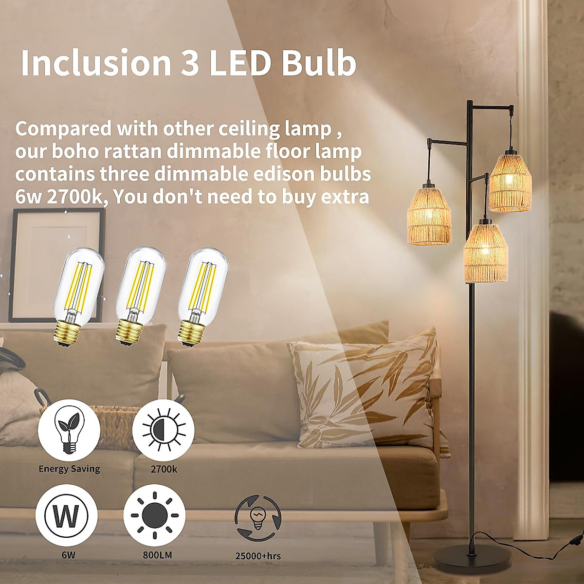 Rattan Floor Lamp for Living Room Bedroom 3-Lights Boho Tree Floor Lamps Modern Black Standing Lamp,Woven Hemp Rope Wicker 68"Tall Floor Light with Rotatable Farmhouse Foot Switch Rattan Tall Lamp