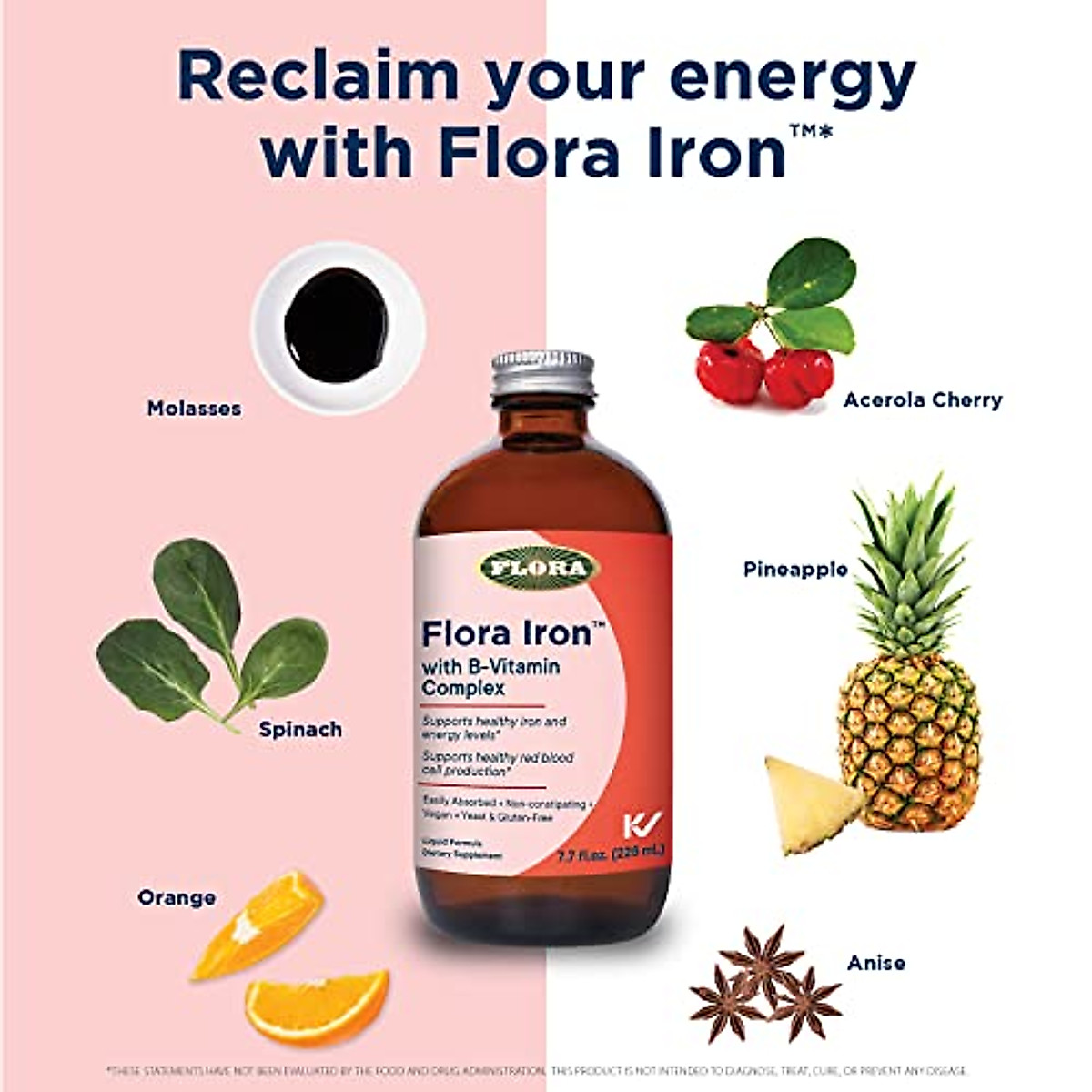 Flora Iron with B-Vitamin Complex - Helps Maintain Healthy Iron Levels - Non-Constipating, Highly Absorbable - Vitamin-B & Liquid Iron - Vegan Supplement - Yeast & Gluten Free, 7.7-oz. Glass Bottle