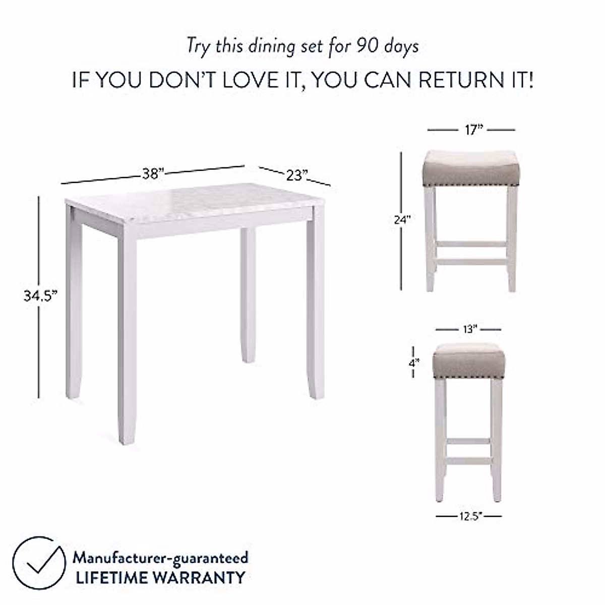 Nathan James Viktor 3 Piece Dining Set, Heigh Kitchen Counter Pub or Breakfast Table with Marble Top and Fabric Wood Base Seat, Light Gray/White