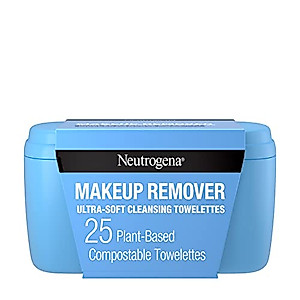 Neutrogena Makeup Remover Facial Cleansing Towelettes, Daily Face Wipes Remove Dirt, Oil, Sweat, Makeup & Waterproof Mascara, Gentle, Soap- & Alcohol-Free, 100% Plant-Based Cloth, 25 ct