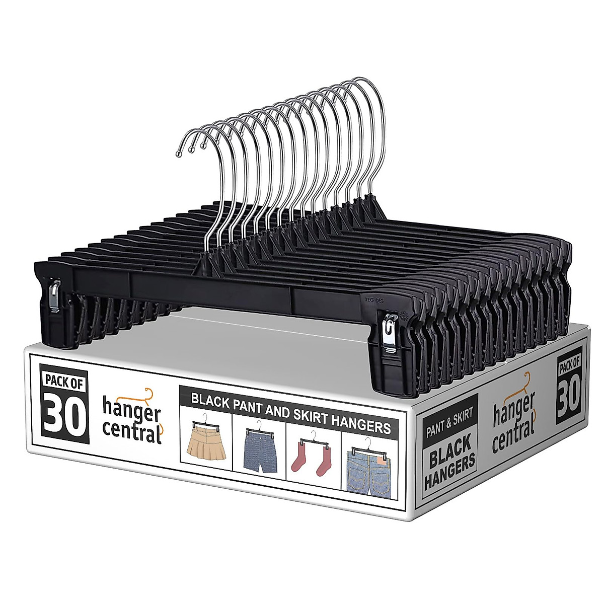 Hanger Central 30 Pack Space Saving Heavy Duty Slim Plastic Pants, Skirts and Shorts Hangers, Ridged Non-Slip with Pinch Clips, 360-Rotating Chrome Swivel Hook, in Black, 10 Inches
