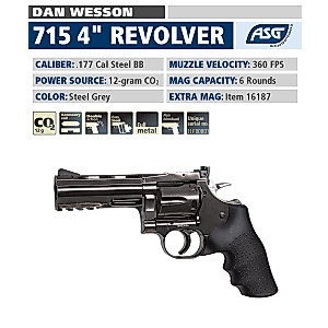 ASG Dan Wesson 715 Revolver 4" 0.177/4.5mm Caliber BB Gun, Steel Grey