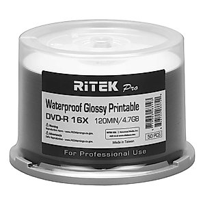 100 Pack Ritek Pro (Professional Grade) DVD-R 16X 4.7GB AZO Dye (MID MXL RG04) Watershield Water Resistant Glossy White Inkjet Hub Printable Blank Recordable Disc