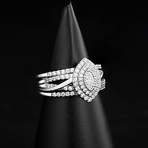 MDFUN Stackable Rings for Women 18K White Gold Plated Three-in-One Marquise Mini Halo CZ Wedding Engagement Promise Eternity Band (6)