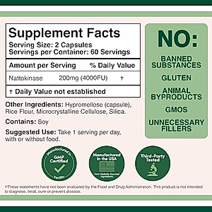 Nattokinase Supplement 4,000 FU Servings, 120 Capsules (Derived from Japanese Natto) Systemic Enzymes for Cardiovascular and Circulatory Support by Double Wood