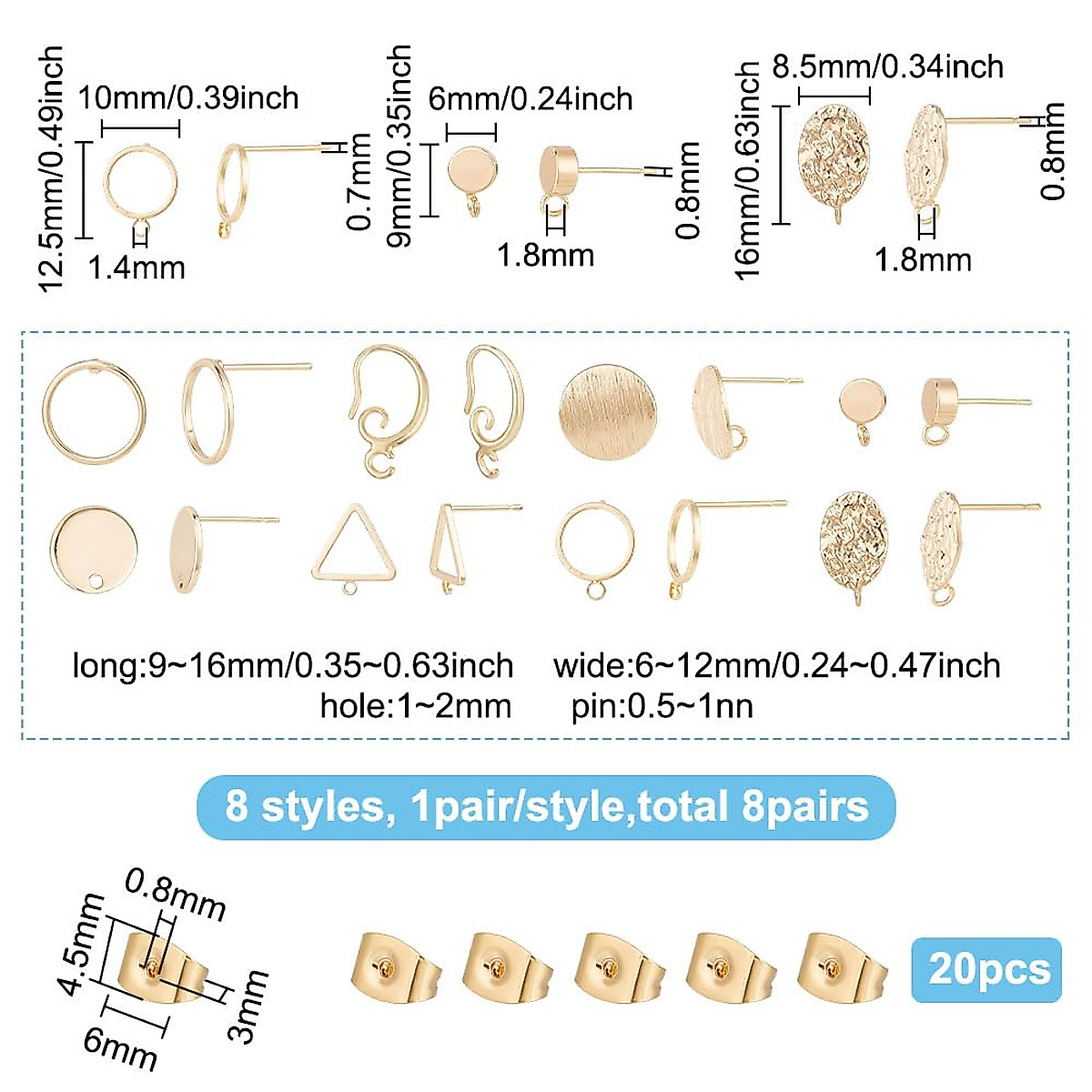 BENECREAT 8 Pairs 8 Style 18K Real Gold Plated Geometric Brass Stud, Round Triangles Stud Earring Findings with Loops and 20Pcs Plastic Ear Nuts for Earring Making, Pin: 0.8mm