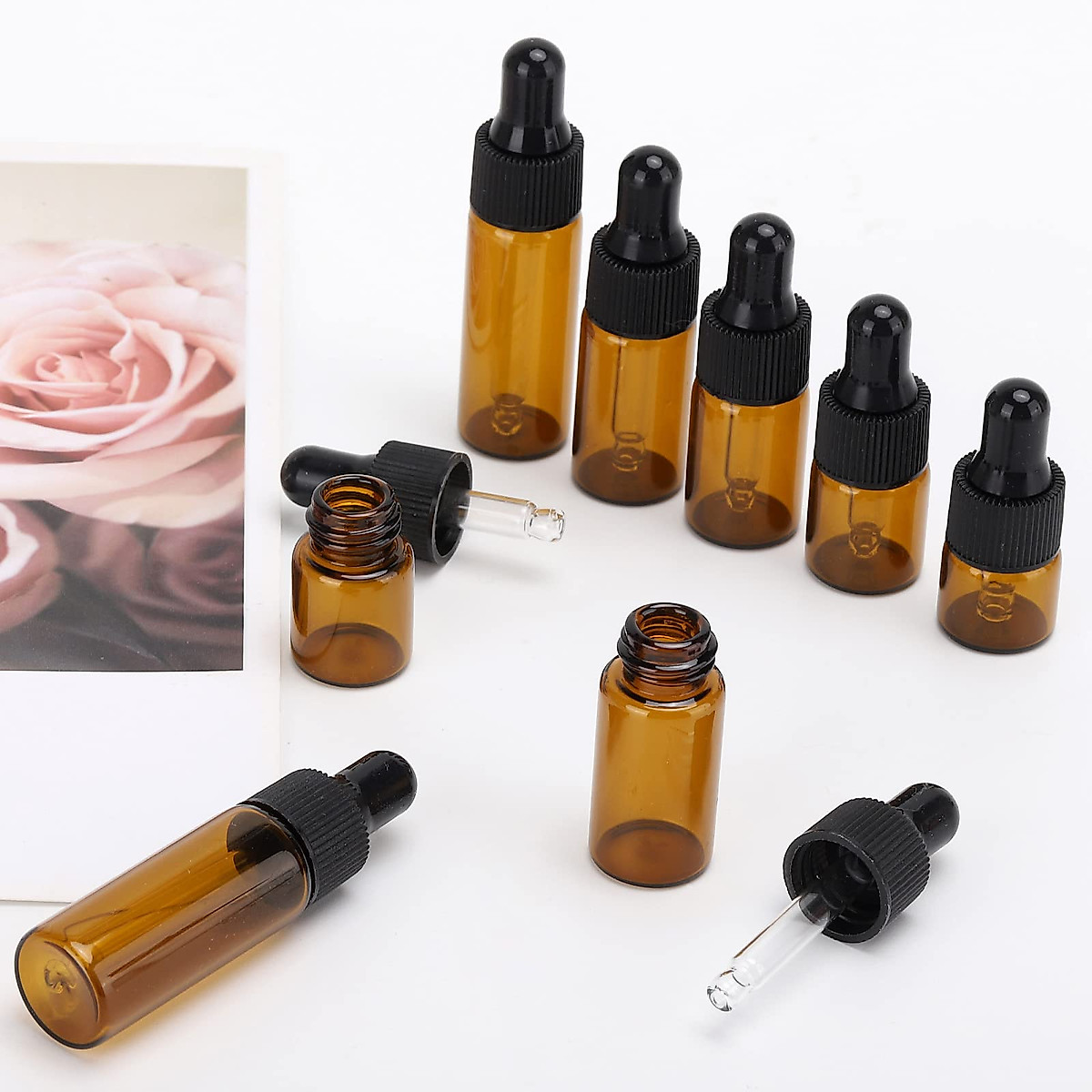 50Pcs Amber Glass Dropping Bottles 1ml 2ml 3ml 4ml 5ml Mini Essential Oil Dropper Bottles Empty Travel Sample Vials with Black Cap for Essential Oils, Aromatherapy, Cosmetic, Laboratory, Traveling