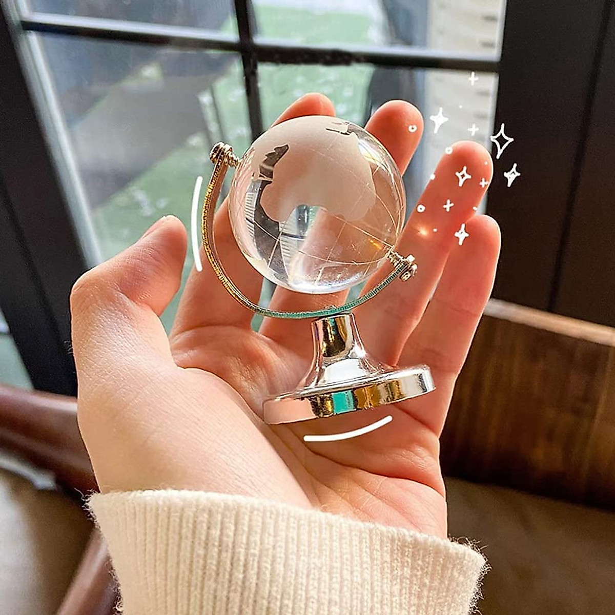 4every Mini World Globe Crystal Glass Clear Paperweight Desk Office Home Decor Wedding Favor Crafts Ornaments Gifts, Miniature Ball Sphere Display, Round Earth(Ball Diameter 8.5cm)