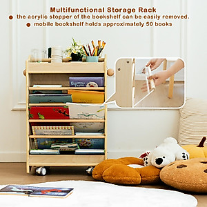 Kidi House 4-Tier Wooden Kids Bookshelf Double-Sided Toddler Bookshelf with Wheels Movable Birch Book Display Shelf Montessori Bookshelf Baby Bookshelf for Kids Room Nursery Classroom Playroom Natural