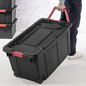 Sterilite 14699002 40 Gallon/151 Liter Wheeled Industrial Tote, Black Lid & Base w/ Racer Red Handle & Latches, 2-Pack