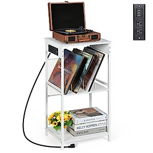 Record Player Stand, Turntable Stand with Power Outlet Side Table with Charging Station Vinyl Player Stand with Storage Record Player Table with Album Storage White for Living Room Bedroom
