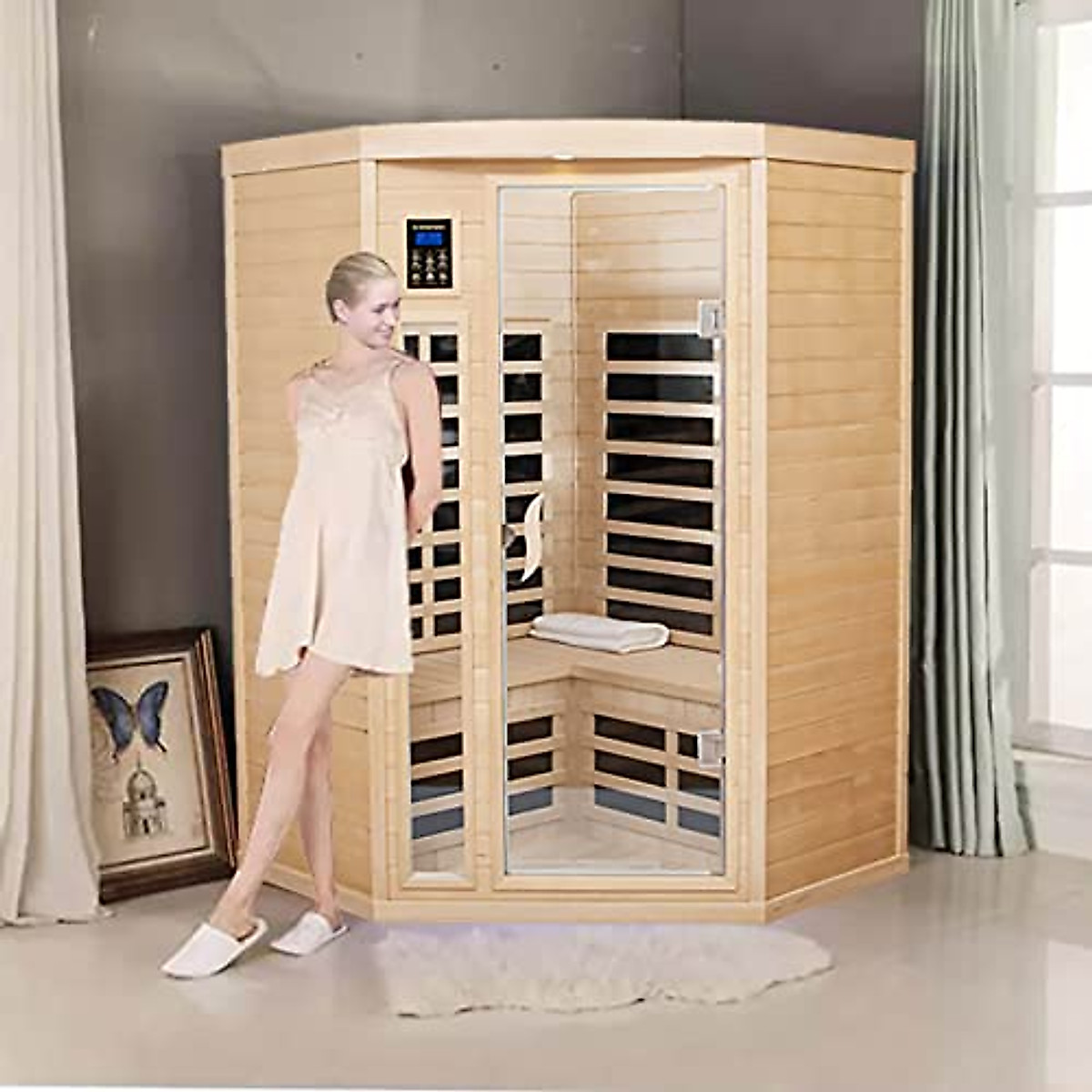 Xmatch Far Infrared Wooden Sauna Room, 2-Person for Corner Space, with 1600W, 7 Low EMF Heaters, 2 Bluetooth Speakers, 2 LED Reading Lamp and 3 Chromotherapy Lights