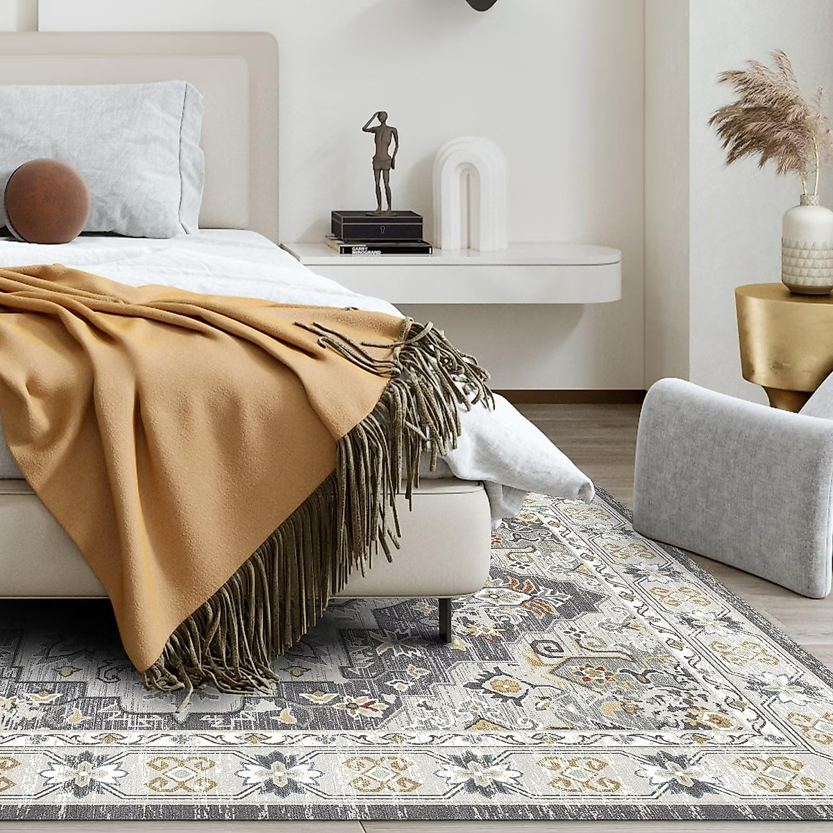 OIGAE Washable Rug 8x10, Vintage Medallion Area Rugs with Non-Slip Backing, Non-Shedding Floor Mat Throw Carpet for Living Room Bedroom Kitchen Laundry Home Office, Light Grey