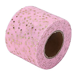 Cyrank Tulle Rolls 2pcs, 6cm Width 25 Yards Tulle Fabric with Gold Stars Patterns Glitter Tulle Rolls for Chair Ties Tutu Skirt Wedding Decor Gift Wrapping(Pink)