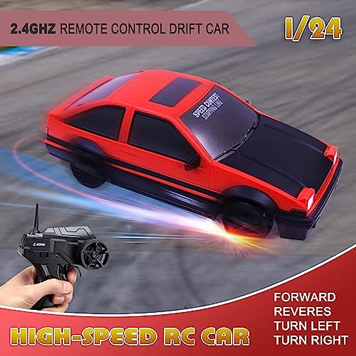 Remote Control Car RC Drift 2.4GHz 1:24 Scale 4WD 15KM/H High Speed Model Vehicle with LED Lights Drifting Tire Racing Sport Toy for Adults Boys Girls Kids Gift 2Pcs Rechargeable Batteries