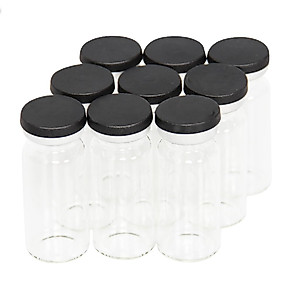 10ml Clear Glass Vials-2-1/2 Dram Clear Glass Headspace Vials with Black Plastic-Aluminum Flip Caps and Rubber Injection Stoppers, 100 Pack, 20mm Flat Bottom Lab Vial