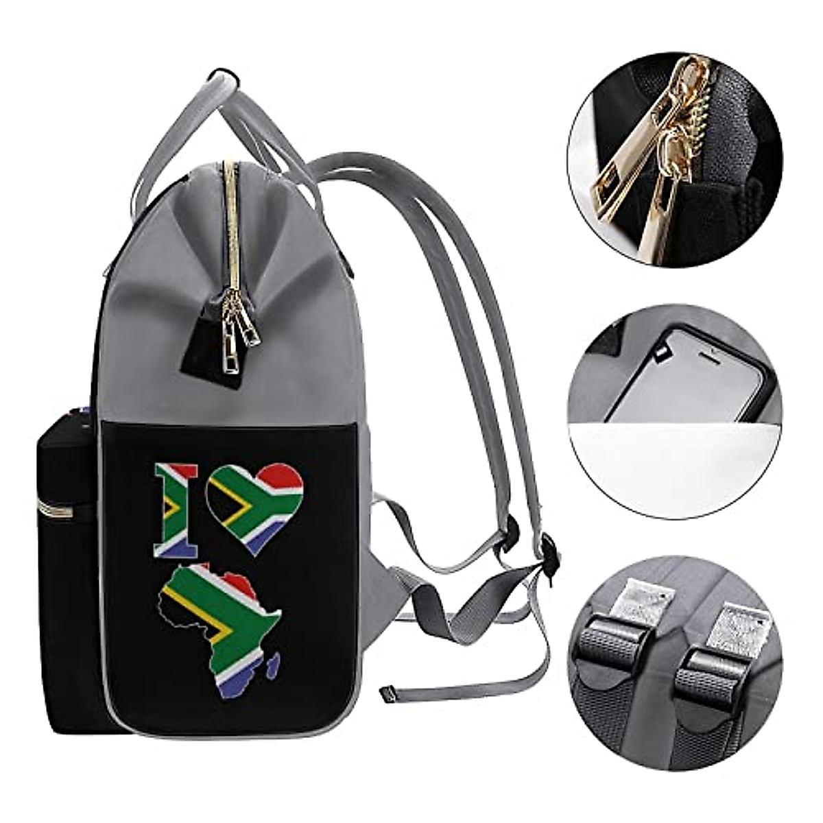 I Love South Africa Flag Diaper Bag Backpack Large Capacity Mommy Bags Multifunction Nappy Bag Travel Back Pack Gray-Style