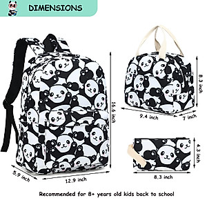Fuyicat Panda School Backpack Set for Girls, 3-in-1 Kids Teens Elementary Middle School Bags Bookbag with Lunch Bag Pencil Case