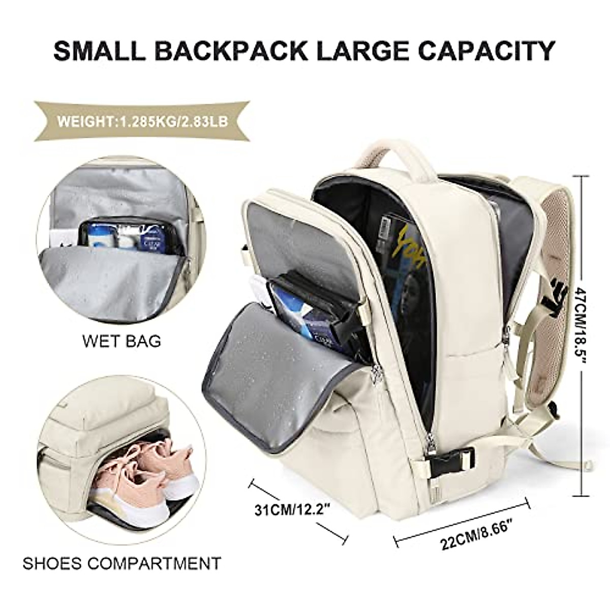 Large Travel Backpack Women, Carry On Backpack,Hiking Backpack Waterproof Outdoor Sports Rucksack Casual Daypack with USB Charging Port Shoes Compartment,Beige