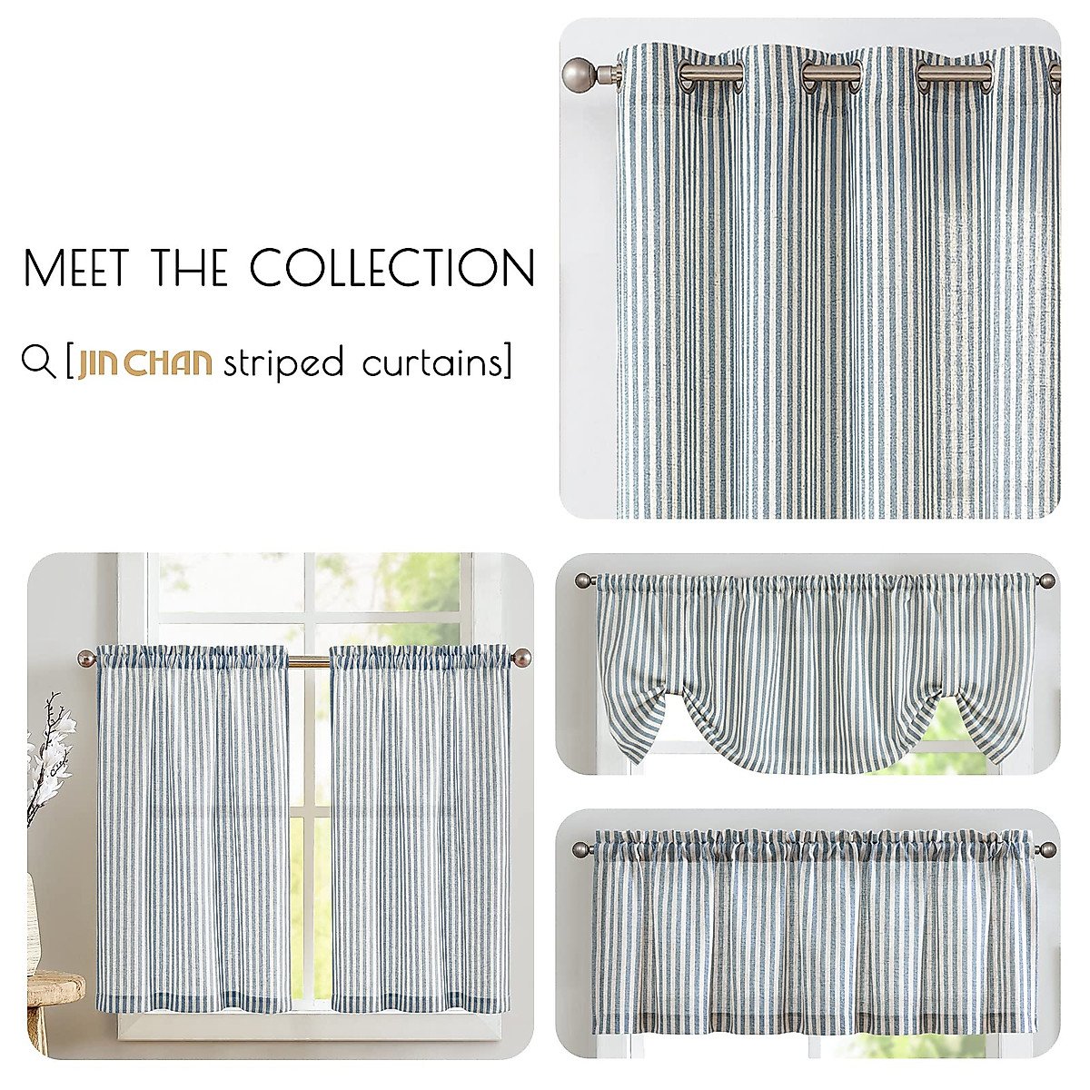 jinchan Kitchen Curtains Linen Striped Tier Curtains 24 Inch Length Ticking Stripe Cafe Curtains Pinstripe Farmhouse Small Window Curtains Tab Top for Living Room Bathroom RV 2 Panels Blue on Beige