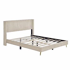Queen Bed Frame Upholstered Platform with Headboard, Strong Frame and Wooden Slats Support, Corduroy Fabric Wrap, Non-Slip and Noise-Free,No Box Spring Needed, Easy Assembly (Beige)