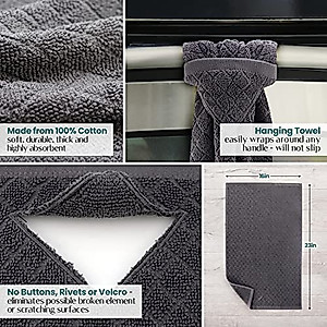 Grey Hand Towels with Hanging Loops - Set of 2 Gray Kitchen Towels, Hanging Kitchen Towels with Hanging Loop, Grey Dish Towels with Loops for Hanging, Oven Towel Loop Without Buttons or Snaps (Short)