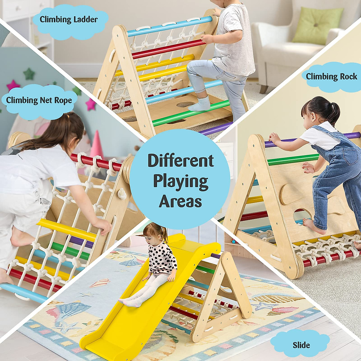 GLACER 4-in-1 Climbing Triangle w/Ramp, Climbing Toy Set with Rope Wall, Climbing Rock & Climbing Ladder, Fun Slide, Indoor & Outdoor Fun Triangle Climber for Kids Room, Play Room, Daycare (Rainbow)