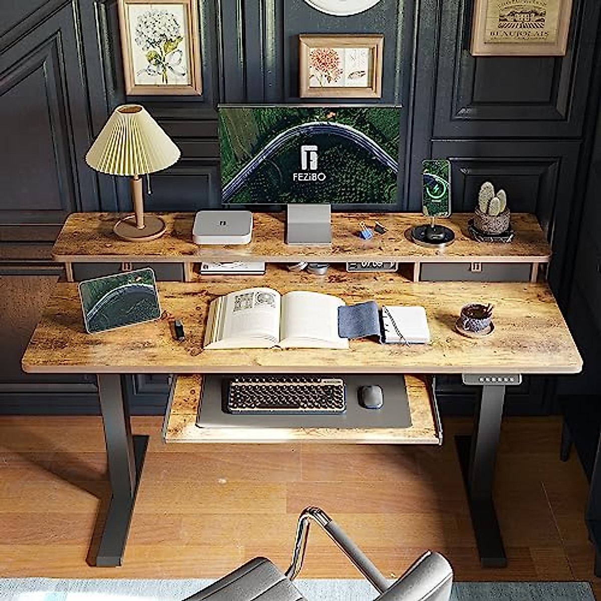 FEZIBO Standing Desk with Drawers, Adjustable Height Desk with Keyboard Tray, Stand Up Desk with Storage Shelf, 48 x 24 Inchs, Rustic Top